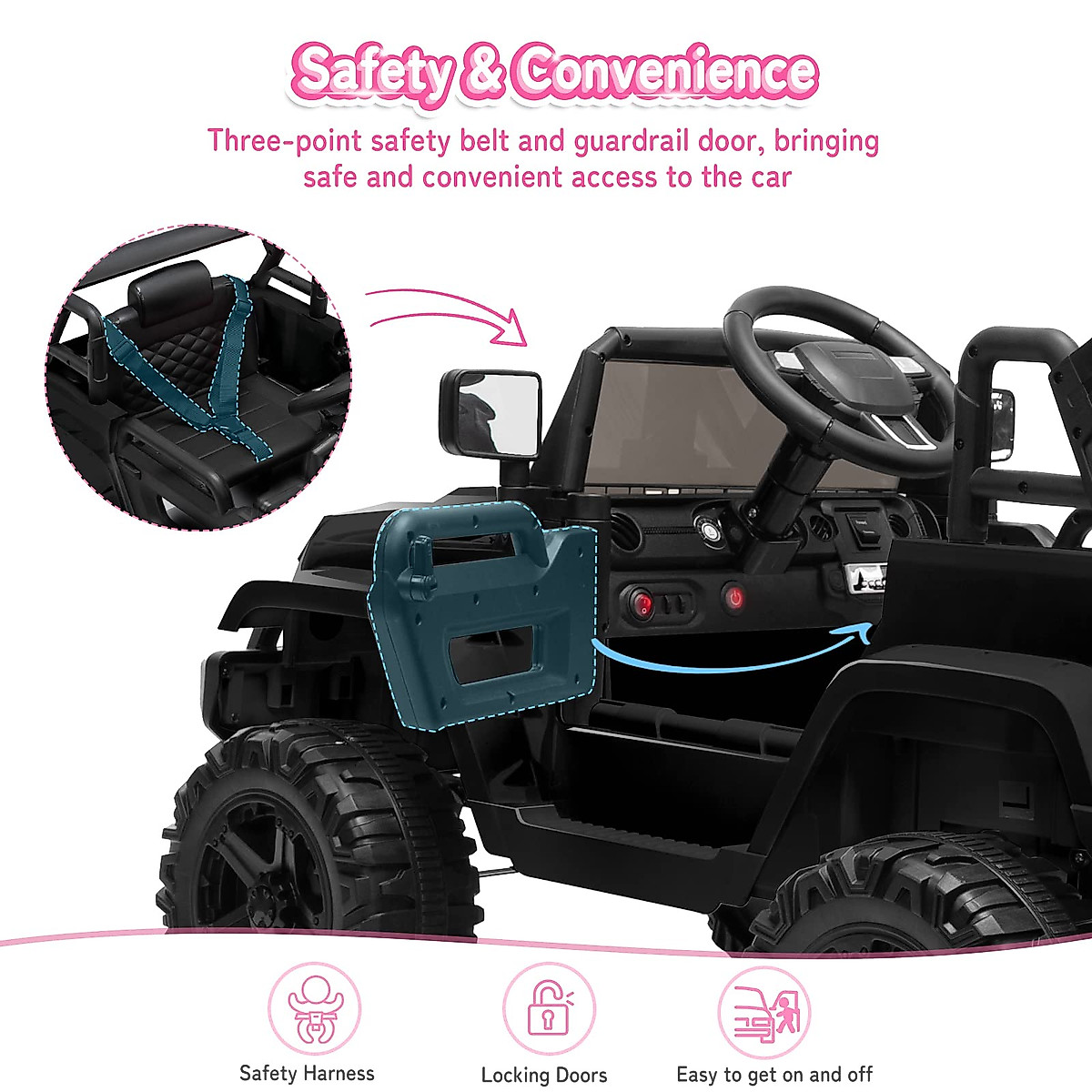 JOYMOR Ride on Truck with Remote Control, 4 Wheels 12V Battery Powered Kids Car, with LED Headlight/Horn Button/ MP3 Player/USB Port/Forward Backward/Kids Girl Boy (Black)