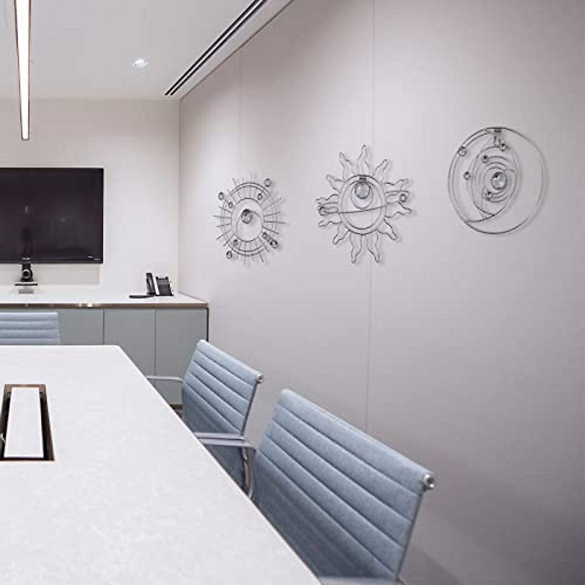 Manortang Silver Metal Abstract Sun Moon Star Art Wall Decor,Modern Wire Line Art Decorations,Embelished Silver Foil Art,Mystical Star Circle Planet Handmade Wall Decor Party Office Kitchen Bedroom Bathroom Living Room 9inch