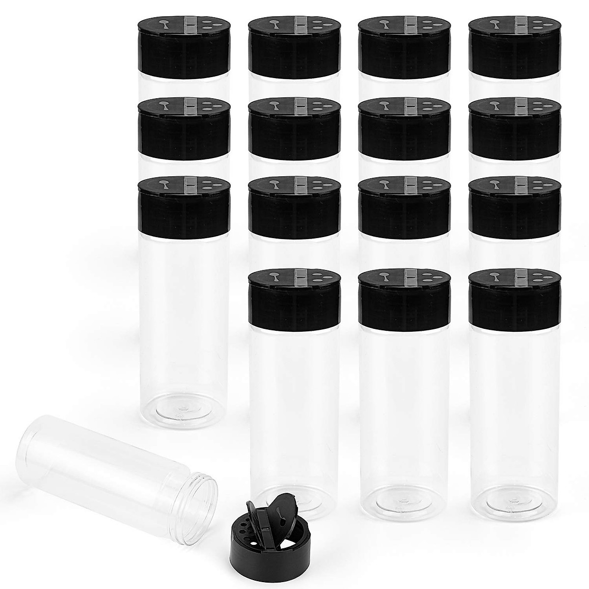 Foraineam 16 Pack - 17 oz. (500ml) Plastic Spice Jars Containers Bottles with Black Flip Cap To Pour Or Sifter Shaker - Perfect for Storing Spice, Powders and Herbs