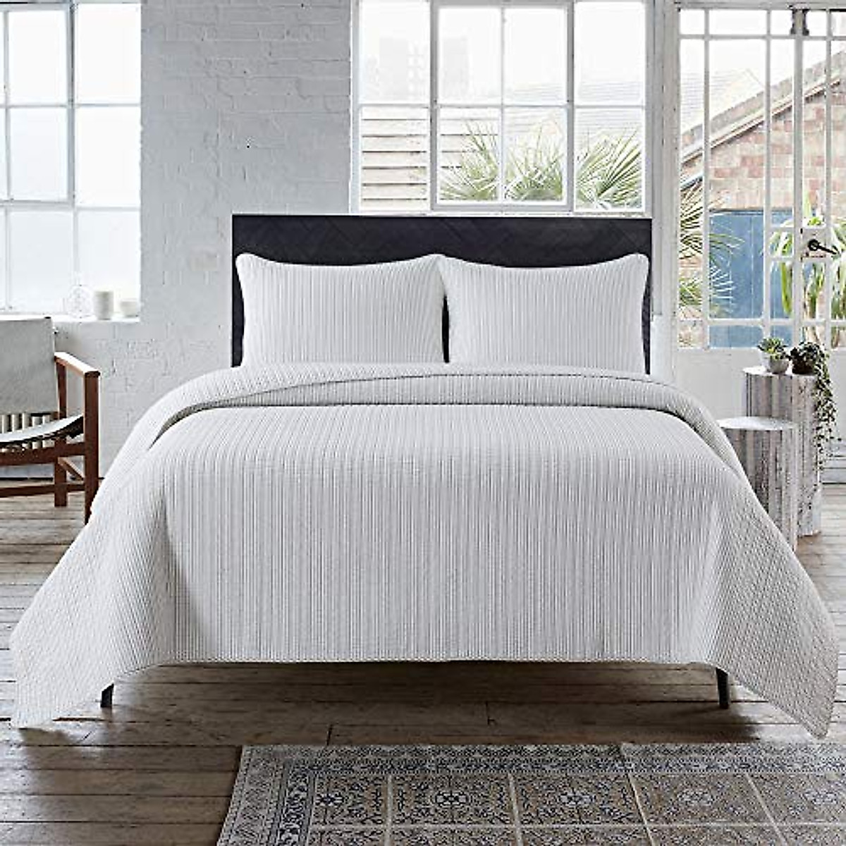 Soul & Lane Cotton King Ticking Stripe Quilt: Gray Striped Quilt, Farmhouse Bedding Coverlet, Greige Comforter and Blanket, Country Pinstripe Coverlet (Shams Sold Separately)