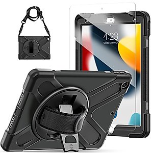 TSQ Case for iPad Case 9th/8th/7th Generation with Screen Protector for Kids | Military Grade Shockproof Protective with Stand Hand Shoulder Strap Cover for iPad 9th 8th 7th Gen 10.2 Inch| Black