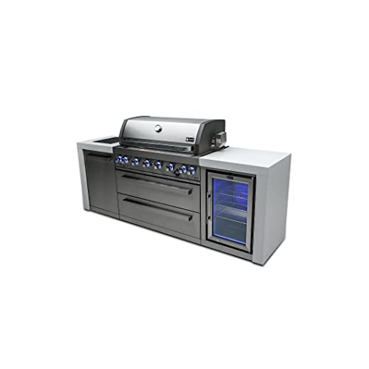 Mont Alpi MAi805-DFC 44-inch 6-Burner 115000 BTU Deluxe Stainless Steel Island Outdoor Kitchen Gas Barbecue Grill+ Fridge Cabinet + Granite Countertops and Sides + Infrared Side Burner