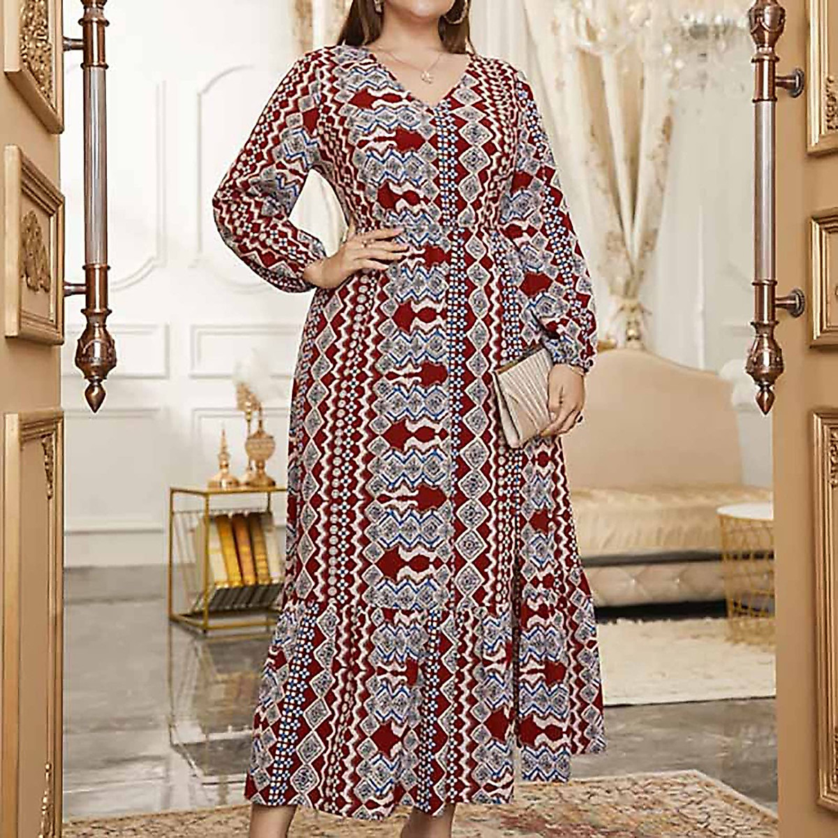 Dresses for Women Plus Size Women's Summer Casual V Neck Geometric Print Long Sleeved Loose Elastic Waist Dress Long Red