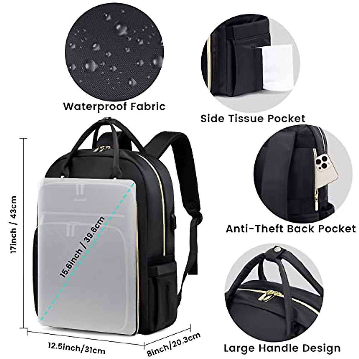 LOVEVOOK Laptop Backpack Women Teacher Backpack,15.6 Inch Laptop Bag with USB Port,Waterproof Daypack for Work Travel,Black