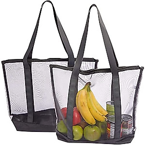 Okuna Outpost Mesh Tote Bags with Zipper for Grocery Shopping, Beach (Black, Large, 2 Pack)