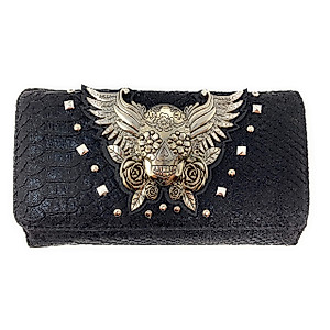 Texas West Women's Skull Chain Concealed Carry Handbag Purse Shoulder Bag/Crossbody Bag/Walllet (Black Set)