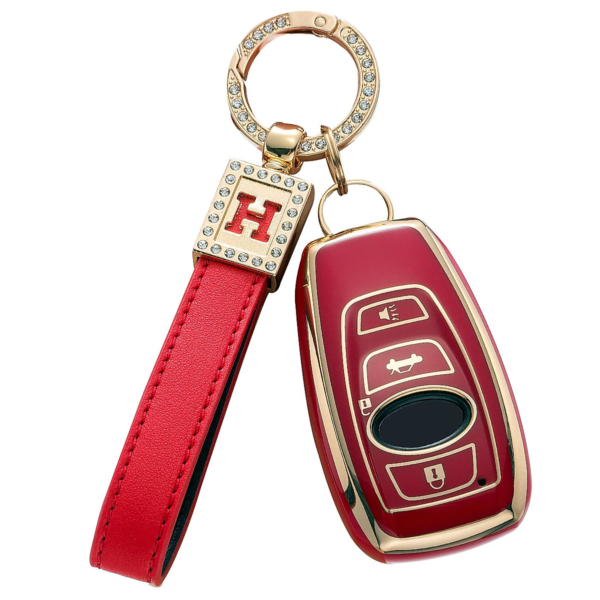 Compatible with Subaru Key Fob Cover with Diamond Leather Keychain Soft TPU 360 Degree Protection Key Case for Forester CrossTrek Outback WRX Ascent BRZ Impreza Legacy Smart Key Red
