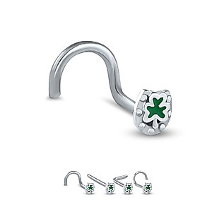 316L Surgical Steel Right Nostril Screw Nose Ring Stud Clover Horseshoe 20G