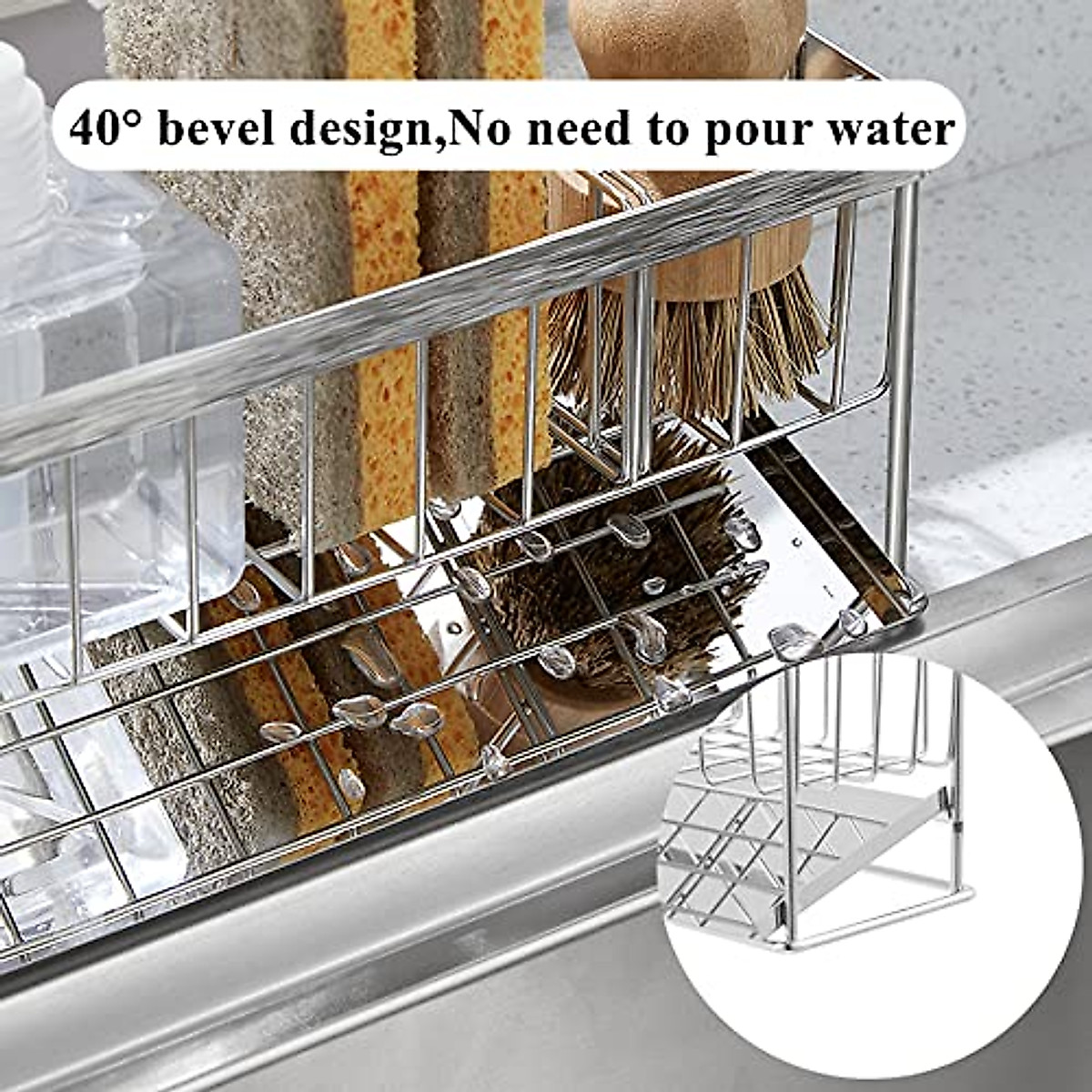 DMJWAN Kitchen Sink Caddy Organizer, 304 Stainless Steel Sponge Holder Sink Caddy for Dish Rags Brush Soap Scrubber with Auto Drain Tray