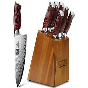 Kitchen Knife Set with Block, 7 Pieces Chef Knife Set 67 Layers Damascus Steel Professional Knife Set for Cooking, Ergonomic G10 Handles with Sharpener