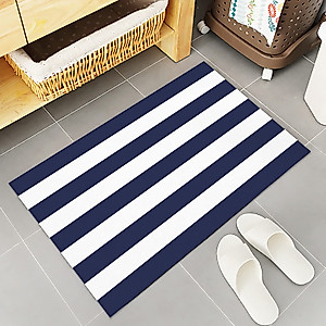 Nautical Stripe Design (Navy and White) Kitchen Rugs Set 2 Piece, Kitchen Mats Rugs Non Skid Washable Anti Fatiguee, Doormat Carpet for Bedroom/Bathroom/Living Room,15.7x23.6in+15.7x47.2in