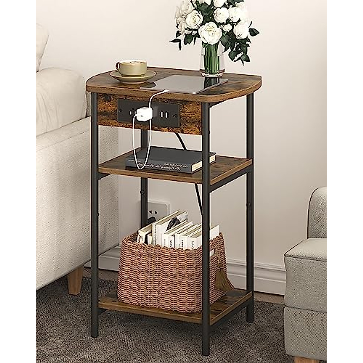 Hzuaneri End Table with Charging Station, 3 Tier Storage Bed Side Table with USB Port & Outlet, Couch Table, Nightstand for Living Room, Bedroom, Narrow Side Table, Rustic Brown and Black ET05201B