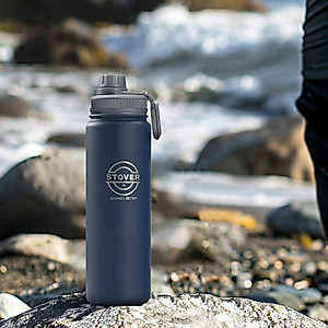 STOVER 25oz Insulated Water Bottle, Wide Mouth Double-Walled Stainless Steel- Vacuum Sealed, Leakproof, Durable, Slim Design Fits in Cup Holder- Flip Top Lid/Spout for Travel- Women/Men (Navy Blue)