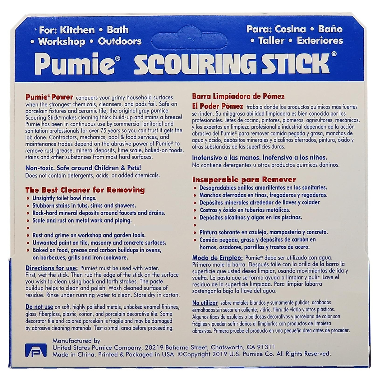 PUMIE Heavy Duty Pumice Scouring Stick, 5.25x1.25x0.75 By U.S. Pumice, Remove Toilet Stains, Hard Water Rings (Pack of 1)