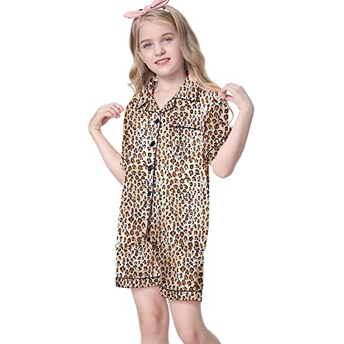 Umeyda Women's Short Sleeve Sleepwear Button Down Silk Satin 2 Piece Pajama Set, Leopard White, Small