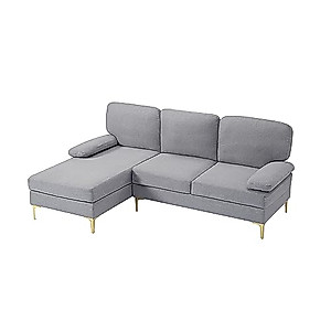 Goohome 79.5'' Linen L-Shaped Left-Hand Facing Sectional Sofa Metal Legs and 2 Detachable Armrest Pillows, Modern 3-Seater Fabric Couches for Living Room Apartment Small Space, A-Light Grey