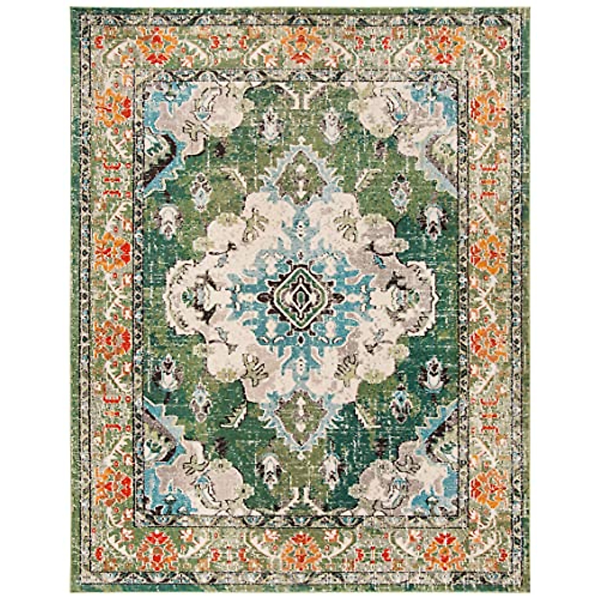 SAFAVIEH Monaco Collection 6'7" x 9'2" Forest Green/Light Blue MNC243F Boho Chic Medallion Distressed Non-Shedding Living Room Bedroom Dining Home Office Area Rug