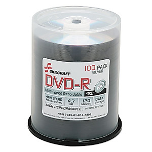 AbilityOne - 7045016147492 - SKILCRAFT® 4.7GB DVD-R 100 Pack with Spindle - 100 Units