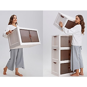 YENFZIX 32Gal Lidded Home Storage Bins - Collapsible, 32Gal Clear Cream Wardrobe Closet Organizer, Stackable Toy Storage, Foldable Plastic Storage Container with Door. - 32 Gallon (5Pack 32Gal)