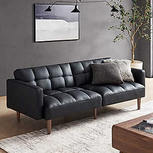 mopio Aaron 76.8" Couch, Small Futon Sofa Bed, Sleeper, Loveseat, Mid Century Modern Futon Couch, Sofa Cama, Couches for Living Room, Bedroom (Midnight Black, Faux Leather)