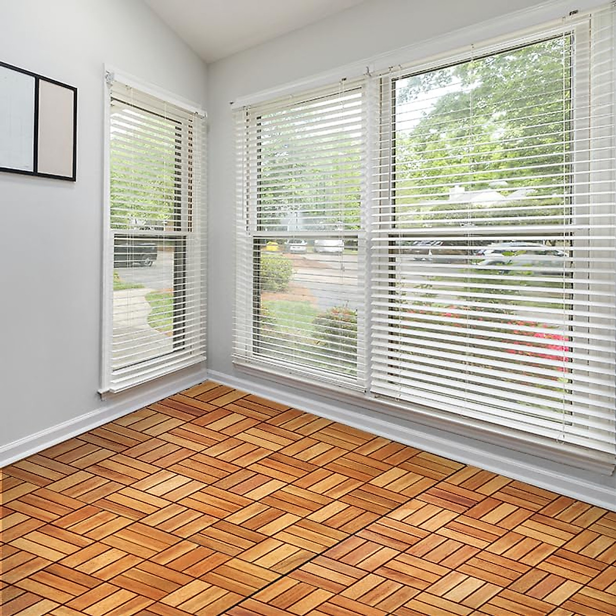 Solid Wood Interlocking Deck Tiles (Pack of 10, 12" x 12"), Acacia Deck Tiles, Floor Tiles for Both Indoor and Outdoor Use, Waterproof All Weather 12slats (12x12, 12 Slat)