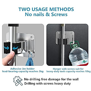 HAOYOWJY Mop and Broom Holder Wall Mount Stainless Steel 304 Tool Garage Organization Rack Screw and Self Adhesive Broom Hanger Heavy Duty 4pcs (4pcs，sliver)