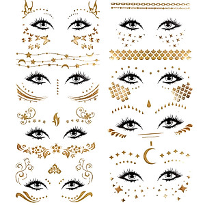 Konsait 8 Sheets Face Tattoo Sticker Metallic Temporary Transfer Tattoo Waterproof Face Jewels for Women Girls Make Up Dancer Costume Parties, Shimmer Glitter Gold Tattoos,Scale Tears Butterfly Freckl