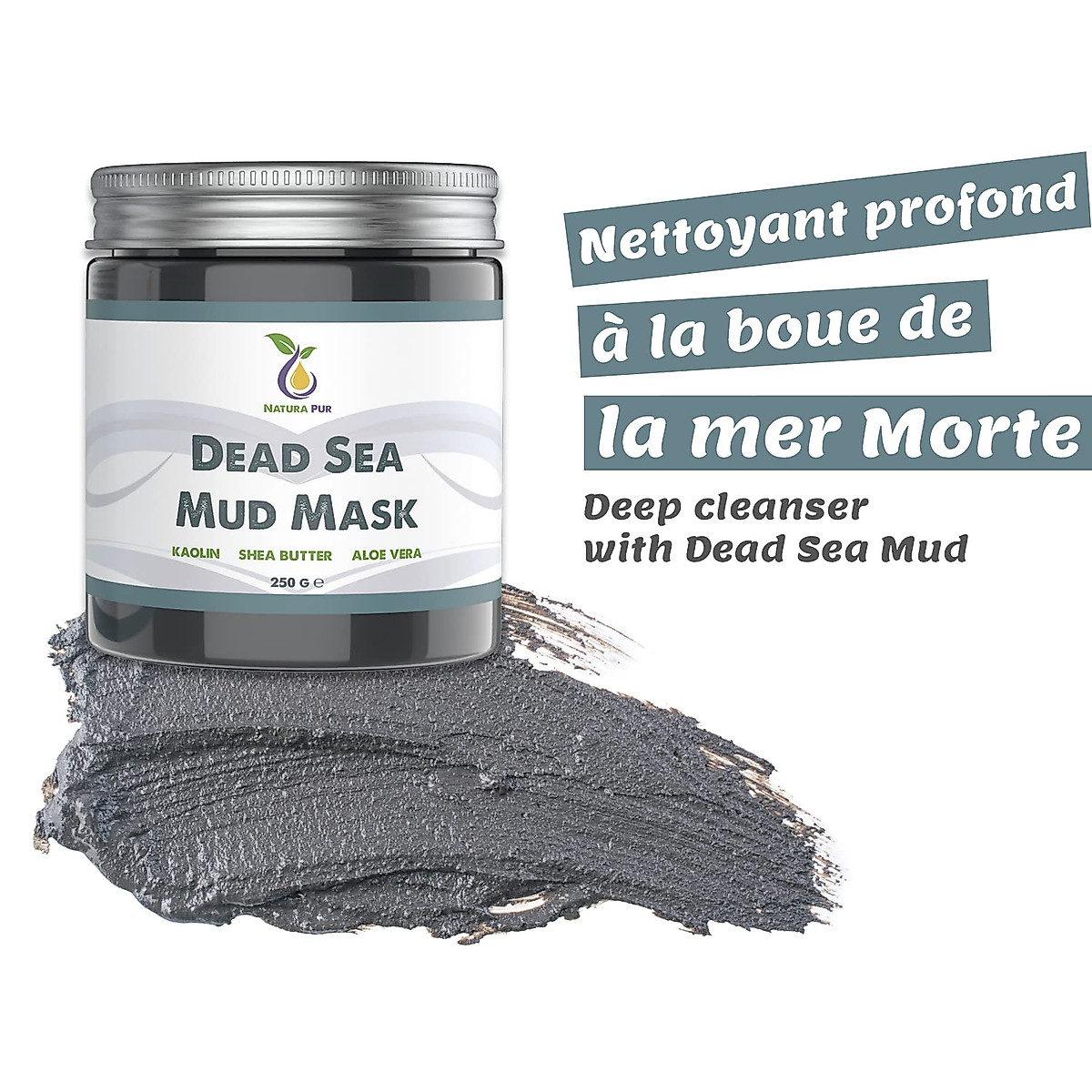 Natura Pur Dead Sea Mud Mask, vegan - Anti-aging care for dry, oily and impure skin - acne & blackheads clay face mask - 8.8 Oz/250g