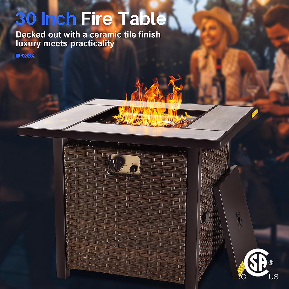 XIZZI Patio Furniture Sets Outdoor Swivel Rocking Chairs with 50,000 BTU Propane Fire Pit Table 7 Pieces All Weather PE Wicker Conversation Sofa and Matching Side Table,Brown Wicker Orange Red