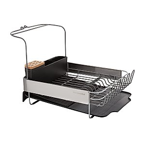 KitchenAid Full Size, Rust Resistant Expandable Dish Rack with Angled Self Draining Drainboard, 24-Inch, Black