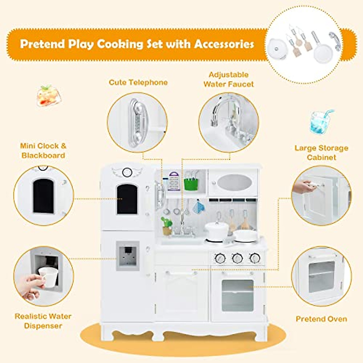 Costzon Kids Kitchen Playset, Wooden Pretend Cooking Playset w/Stove, Fridge, Microwave, Removable Sink, Water Dispenser w/Light Sound, Cabinets, Great Gift for Boys Girls