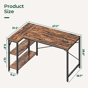 Huuger L Shaped Computer Desk with Reversible Storage Shelves, Gaming Corner Desk for Home Office, Writing Study Desk with Metal Frame, Rustic Brown