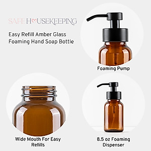 Refillable Foaming Soap Dispensing Bottle - Amber Glass - Matte Black Stainless Steel Foaming Pump - Apothecary Style for Modern bathrooms and Kitchens (Includes Labels)