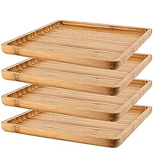 MUKLEI 4 Pack 12 Inches Square Bamboo Tray, Natural Bamboo Serving Platter, Bamboo Serving Tray for Coffee, Tea, Fruits, Cheese