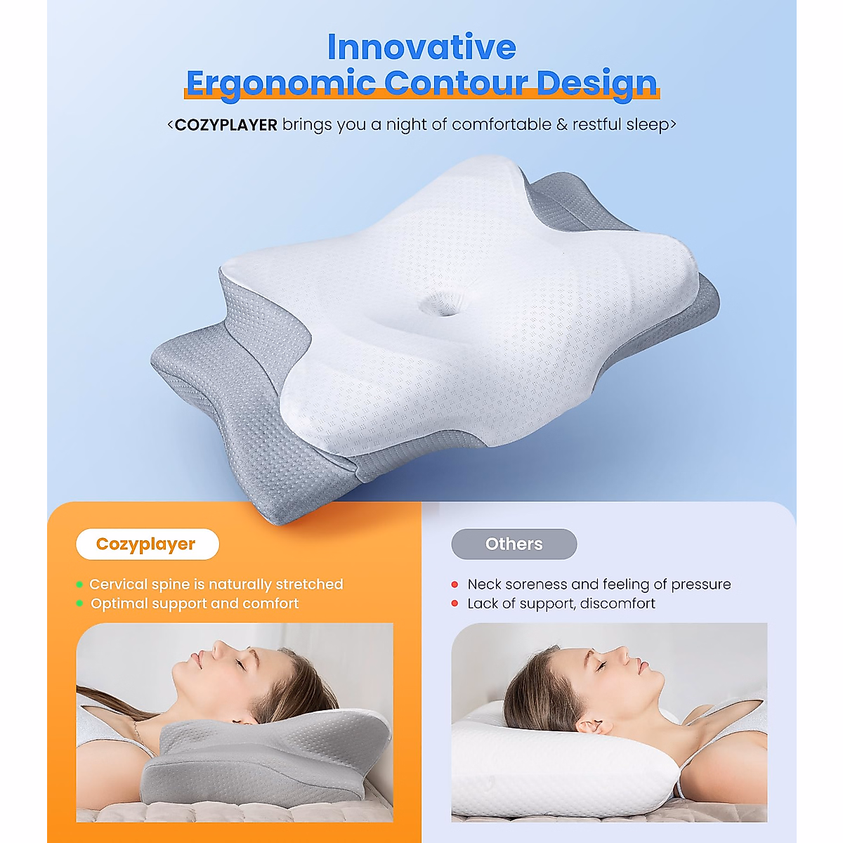 Ultra Pain Relief Cooling Pillow for Neck Support, Adjustable Cervical Pillow Cozy Sleeping, Odorless Ergonomic Contour Memory Foam Pillows, Orthopedic Bed Pillow for Side Back Stomach Sleeper