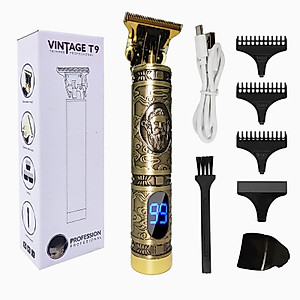 Hair Clippers for Men Professional Zero-Gap Hair Trimmers for Barber, T Outline Edgers for Hair Beard Cutting, T-Blade, Cordless Rechargeable, LED Display, Vintage T9 Trimmer (Gold)