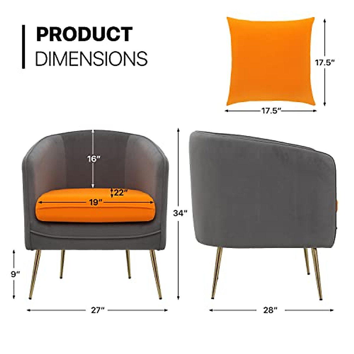 MoNiBloom Single Sofa Chair Modern Upholstered Accent Chair Armchair w/Backrest Pillow, Orange/Gray Contrasting Colors Upholstered Bedroom Barrel Chair Mid Century Modern Comfy Suede Singel Armchair