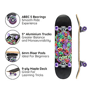 Osprey Complete Skateboards for Beginners | 31 x 8 Inch Skateboard for Kids Teens Adults with 7 Layer Canadian Maple Deck, Double Kick Concave Skateboard for Riding and Tricks, Multiple Designs