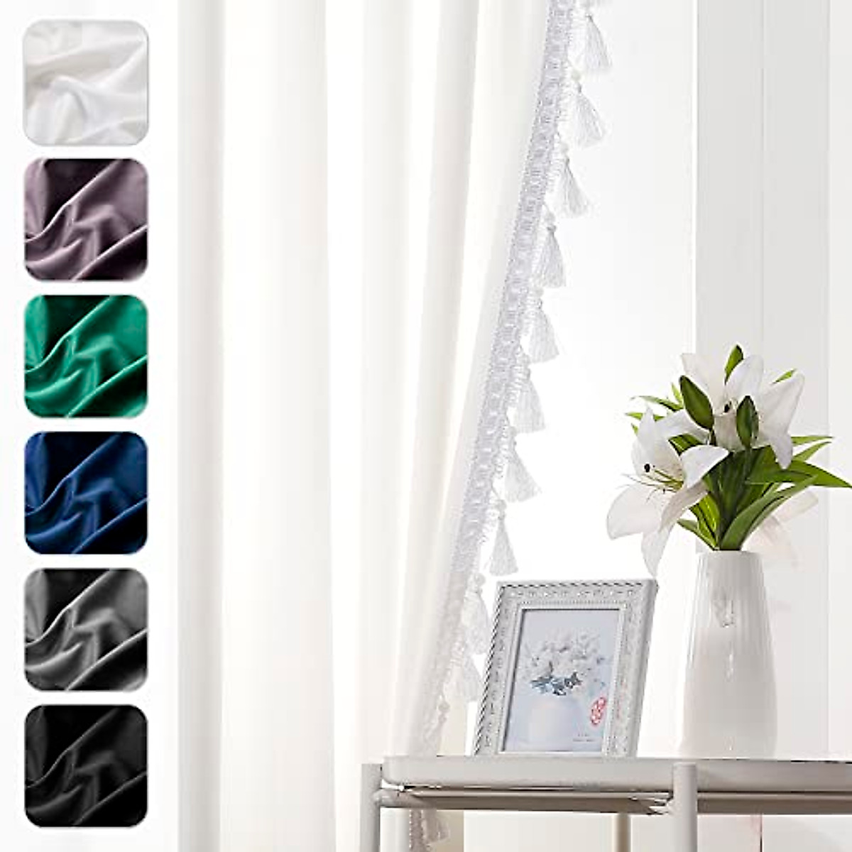 HLISFHIE White Velvet Curtains 90 inches Long Blackout Curtains for Bedroom Rod Pocket Window Curtains with Tassels Light Blocking Thermal Insulation Drapes for Living Room Set of 2 Panels 52”x90”