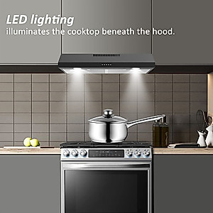 Black Range hood 30 inch, 300CFM Under Cabinet Range Hood with Ducted/Ductless Convertible Slim Kitchen Over Stove Vent, 3 Speed Exhaust Fan, LED Lights, Vent Hood with Charcoal Filter