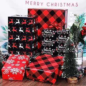 PlandRichW Christmas Wrapping Paper 12 Sheets Folded for Kids Boys Girls Men Women Gifts. Red, Black and White, Greetings, Reindeer, Plaid and Snowflakes, 20 X 29 Inches Each