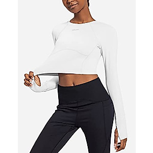 baleaf Women's Long Sleeve Crop Top Workout Athletic Shirt Running Top Slim Fit White S