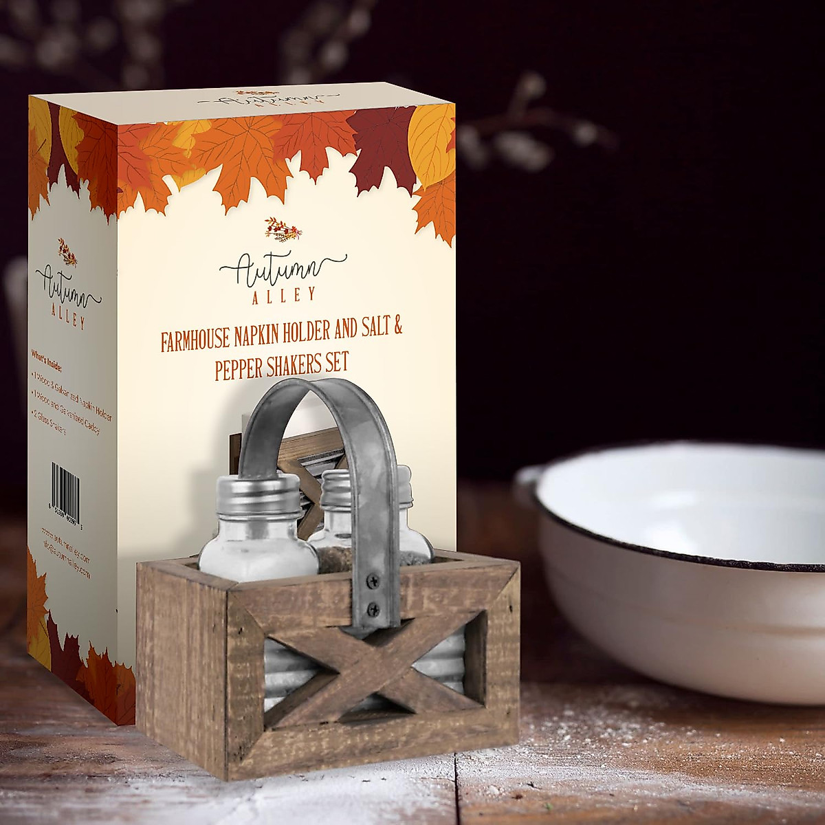 Autumn Alley Farmhouse Napkin Holder and Adorable Farmhouse Salt and Pepper Shakers Set With Wood Holder - Barn Door Motif, Galvanized Metal - Upright Rustic Napkin Holder Rustic Kitchen Décor (Brown)