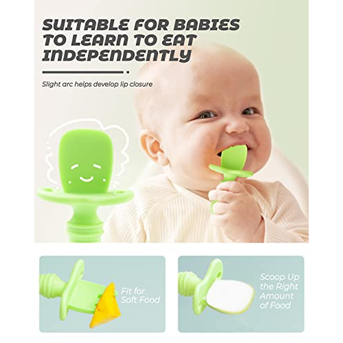 2 Pcs Baby Spoons Self Feeding 6 Months, Silicone Baby Spoons First Stage and Baby Fork, Toddler Utensils for Baby Led Weaning with 1 Case (Green))