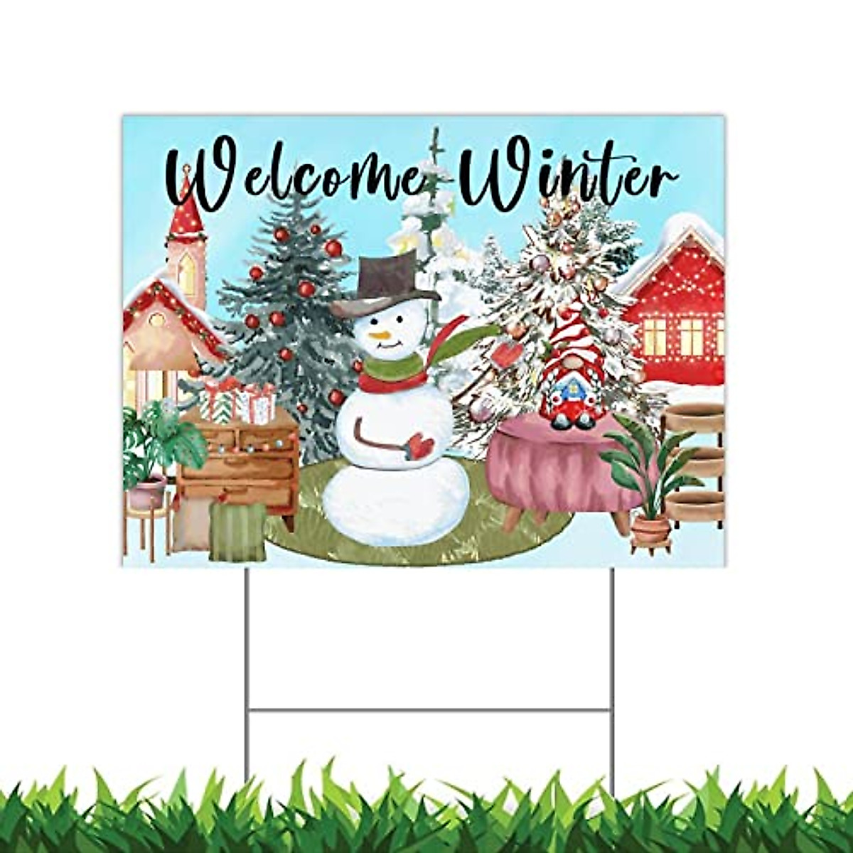 Lawn Garden Sign Christmas Welcome Winter Snowman Lawn Signs with H Stakes Motivational Quotes Happy New Year for Garage Sales Rent Open House Construction 12"x18"