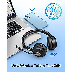 TZS Bluetooth Headphone for Computer, Wireless Headset with Noise Cancelling Mic for PC, 36H Lightweight On Ear Headphone with Mute Button, Suitable for Remote Working/Call Center/Online Class