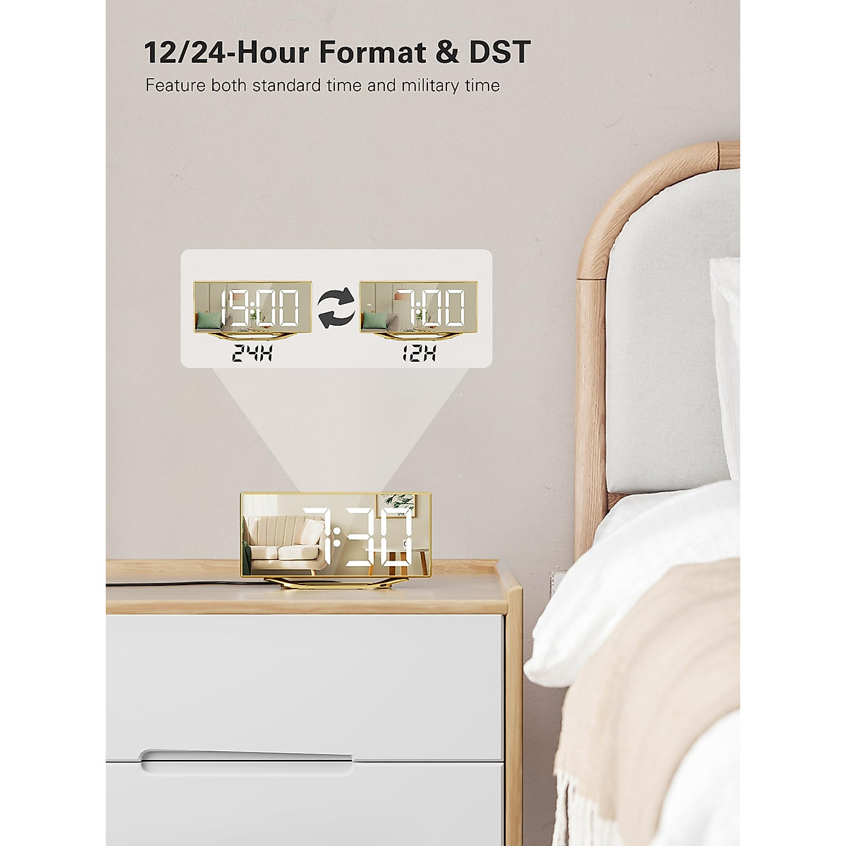 Alarm Clock for Bedroom, Modern Digital Clock for Living Room, 8.7" LED Mirror Alarm Clock with 2 USB Charger,Snooze,12/24H,7 Adjustable Dimmer & Volume Aesthetic Bedside Clock for Teens Kids Adults