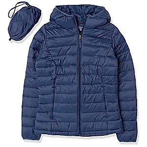 Amazon Essentials Women's Lightweight Long-Sleeve Full-Zip Water-Resistant Packable Hooded Puffer Jacket, Navy, Medium