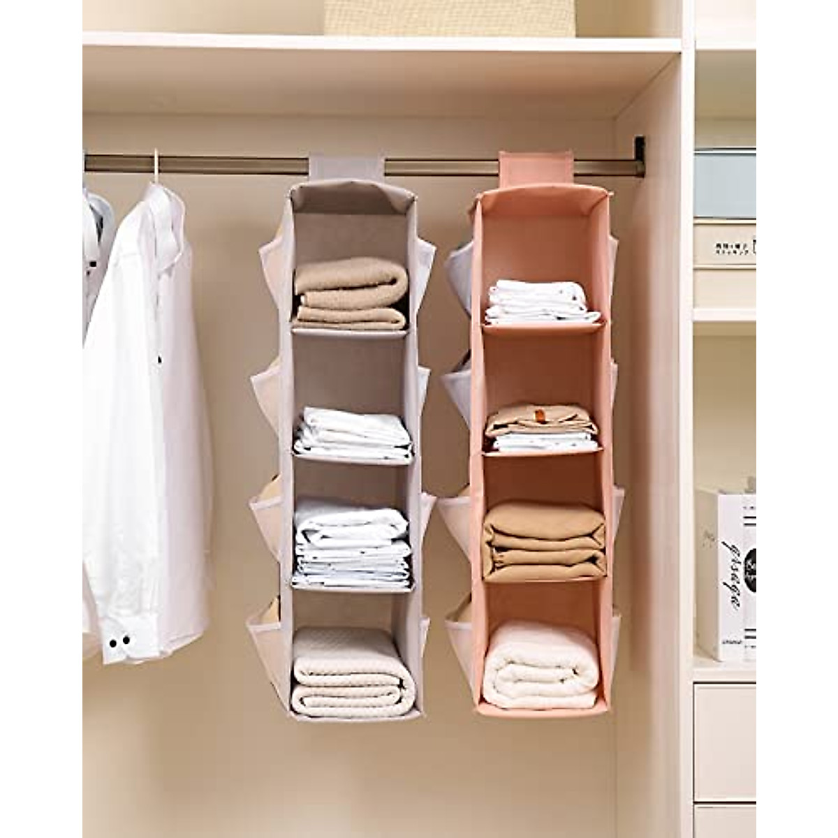 AARAINBOW 2 Packs Hanging Closet Organizer with 4 Shelf Wardrobe Clothes Organizer with 12 Side Pockets, Collapsible Hanging Storage for Sweater Pants Bra Socks (Gray Pink)