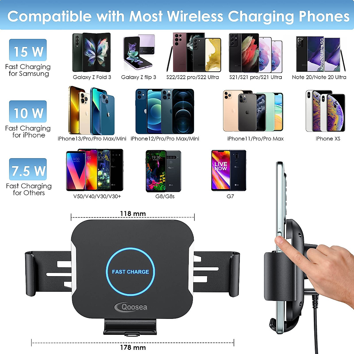 Qoosea Dual Coils Fast Wireless Car Charger for Z Fold 5/4/3 Car Mount 15W Smart Qi Car Holder for Air Vent Dashboard for Samsung Galaxy Z Fold 5/4/3/2 for Galaxy Z Fold